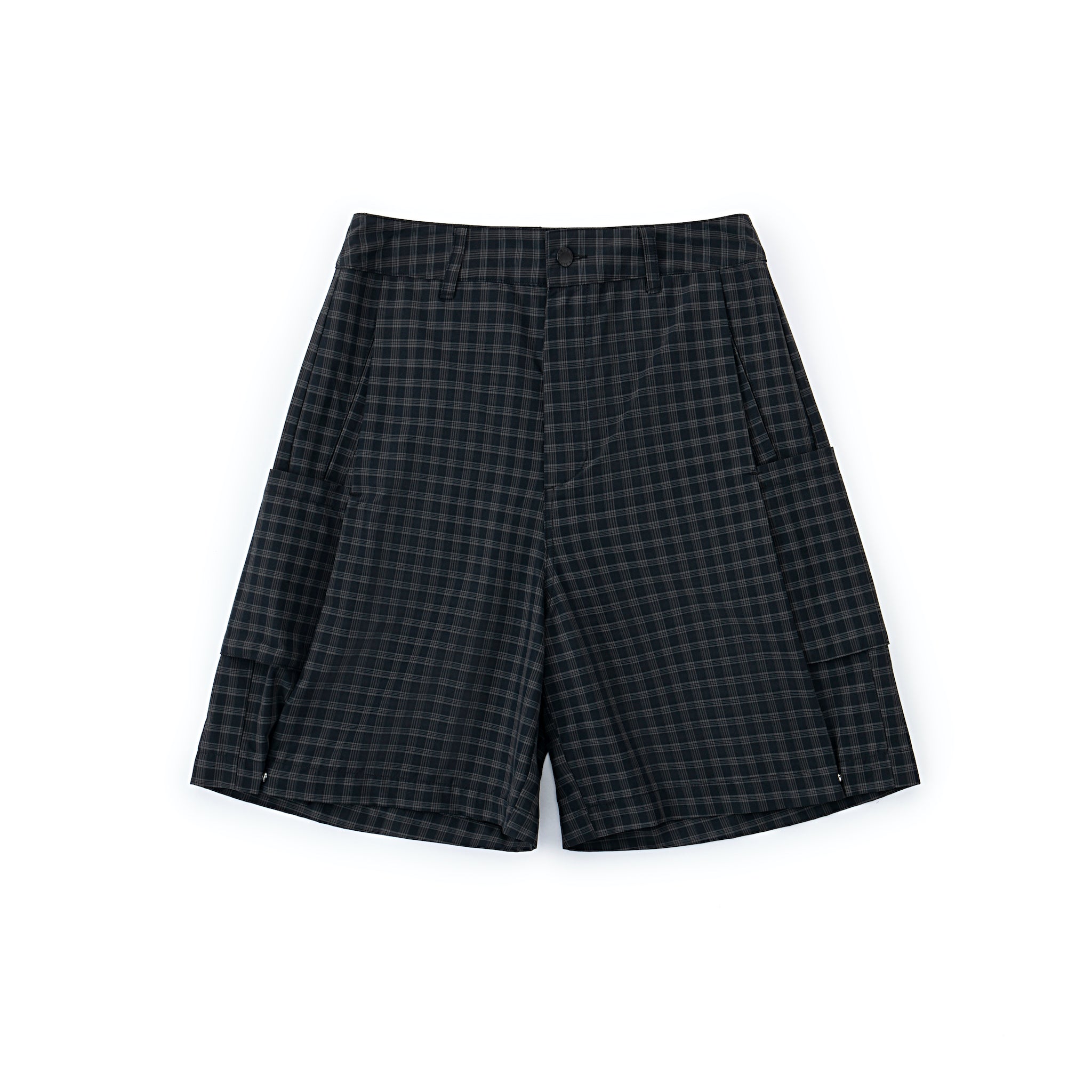 Check Pattern Cargo Shorts – Black Grid, Relaxed Fit, Pleated – FRIED ...